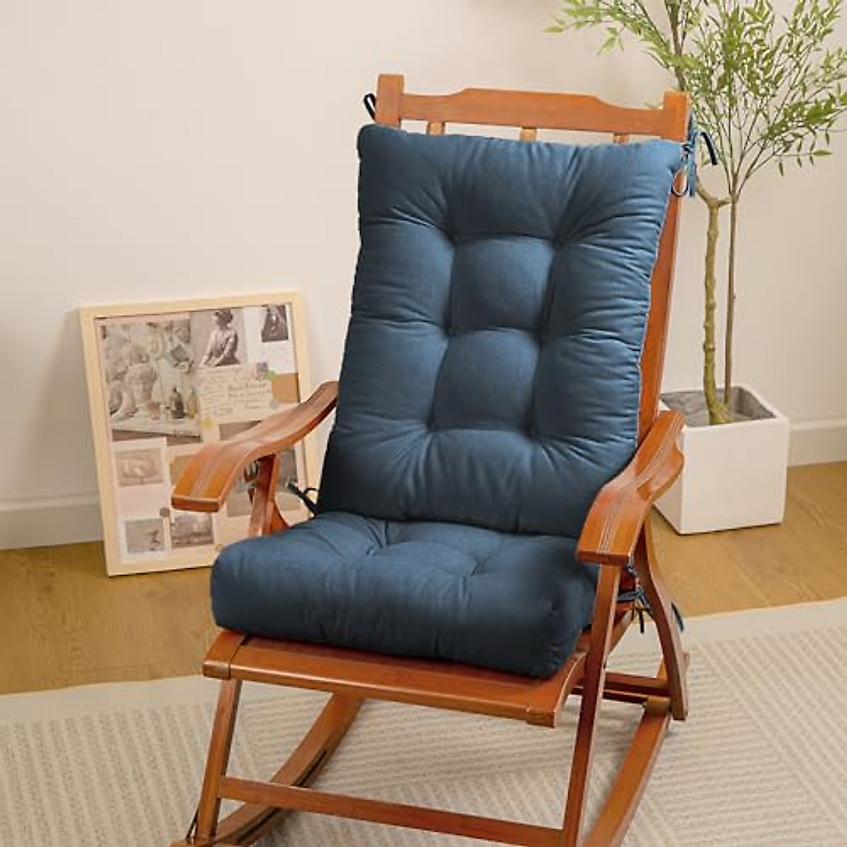 sutailocus Rocking Chair Cushion Anti-Slip tufting Rocking Chair Cushions Indoor/Outdoor,Removable Set of Upper and Lower Adirondack Chair Cushion,for Nursery/high Back Chair （Tie Fixing） (Deep Blue)