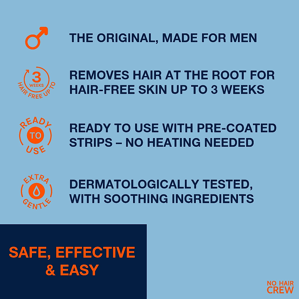 NO HAIR CREW Body Wax Strips – High Performance Wax Strips Made for Men, 20 strips & 4 soothing cleansing wipes