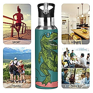 Funny Dinosaur Skateboard Kids Water Bottle Thermos with Straw School Vacuum Insulated Stainless Steel Thermos Bottle Cup Leakproof Sport Travel Cup Mug Handle for Girls Women Biking 20 OZ