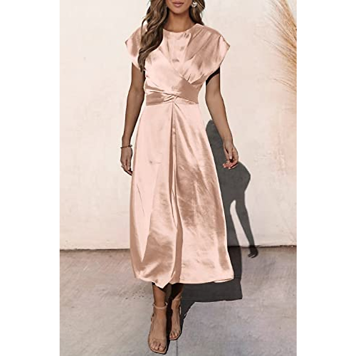 PRETTYGARDEN Women's 2023 Summer Satin Midi Dress Cap Sleeve Tie Waist Elegant A-Line Flowy Dresses (Champagne,Small)