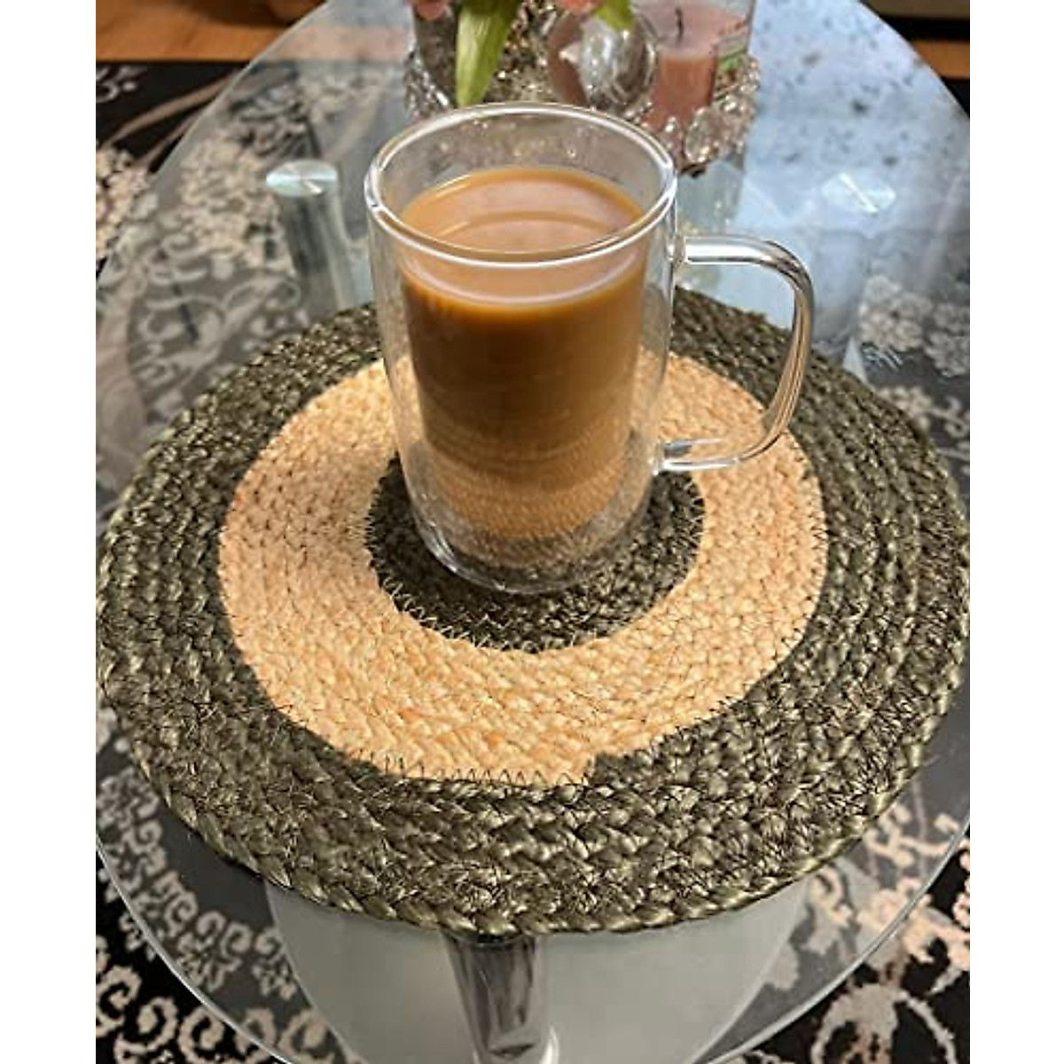 Premium Jute Placemats Set - Golden Fiber Collection | 100% Natural and Eco-Friendly | Soft & Durable | Round 13" x 13" | Dining Room Table Mat in Green and Natural Jute Color (Set of 6)