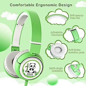 ONITOON Wired 85dB Volume Limited Over-Ear Headset, Foldable and Share Port for Toddler, Child Girls, Boys Travel School Phone Pad PC Tablet (Green)