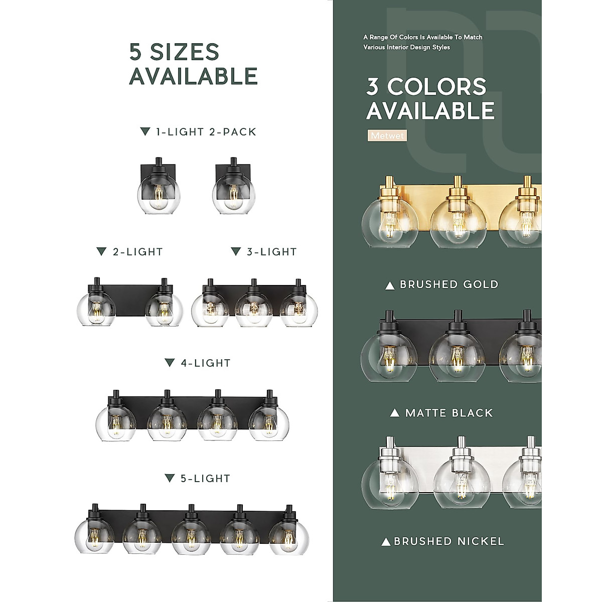 METWET Bathroom Light Fixtures, 3-Light Matte Black Vanity Light, Modern Wall Sconces with Clear Glass Globe Shade, Bathroom Wall Lights for Mirror Kitchen Bedroom Hallway, VL195-MB-3