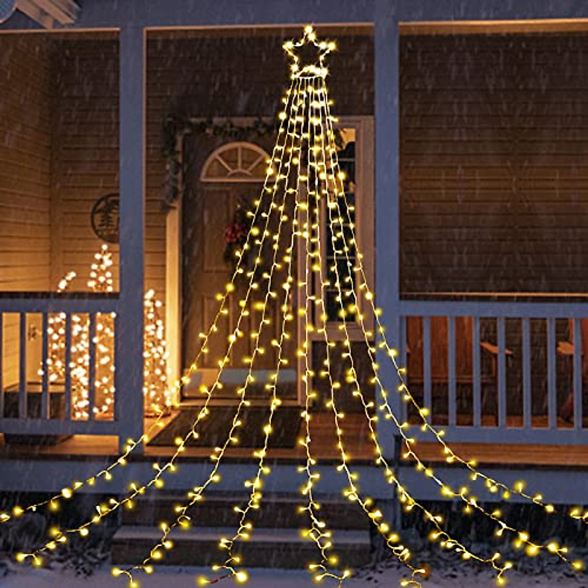 416 LEDs 8 Modes Outdoor Christmas Decorations Star Lights String, Star Lights Outdoor with 12" Lighted Topper Star with Remote Control Outdoor Party Seasonal Garden Patio Xmas Decor Warm