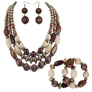 BOCAR 3 Layer Chunky Statement Beaded Necklace Set with Earrings Bracelet Fashion Multi Layer Women Collar Necklace (NK-10625-Brown+er+br)