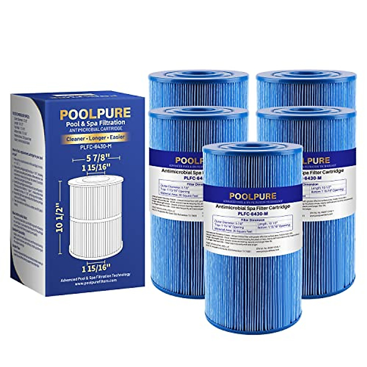 POOLPURE PLFC-6430-M Spa Filter Replaces Watkins 31489, Compatible Pleatco PWK30-M, Filbur FC-3915M, P/N0969601, 71825, 73178, 73250, 5 Pack