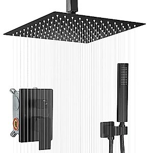 JingGang 12 Inch Ceiling Mount Matte Black Shower System Bathroom Luxury Rain Mixer Shower Combo Set Ceiling Rainfall Shower Head System (Contain Shower Faucet Rough-in Valve Body and Trim)