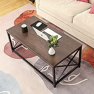Coral Flower Modern Coffee Table Includes Coffee Table and Two End Tables, Modern Industrial Metal and Wood Occasional Tables, 3pc, Dark Oak