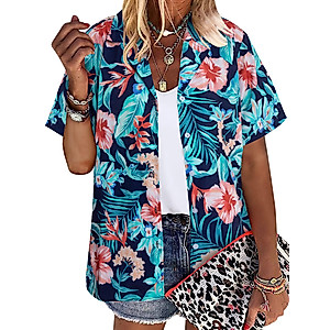 Hawaii Shirt Women Hawaiian Tshirt Floral Leaves Tee Tropic Beach Shirt Button Up Shirt Summer Vacation Shirt Blue