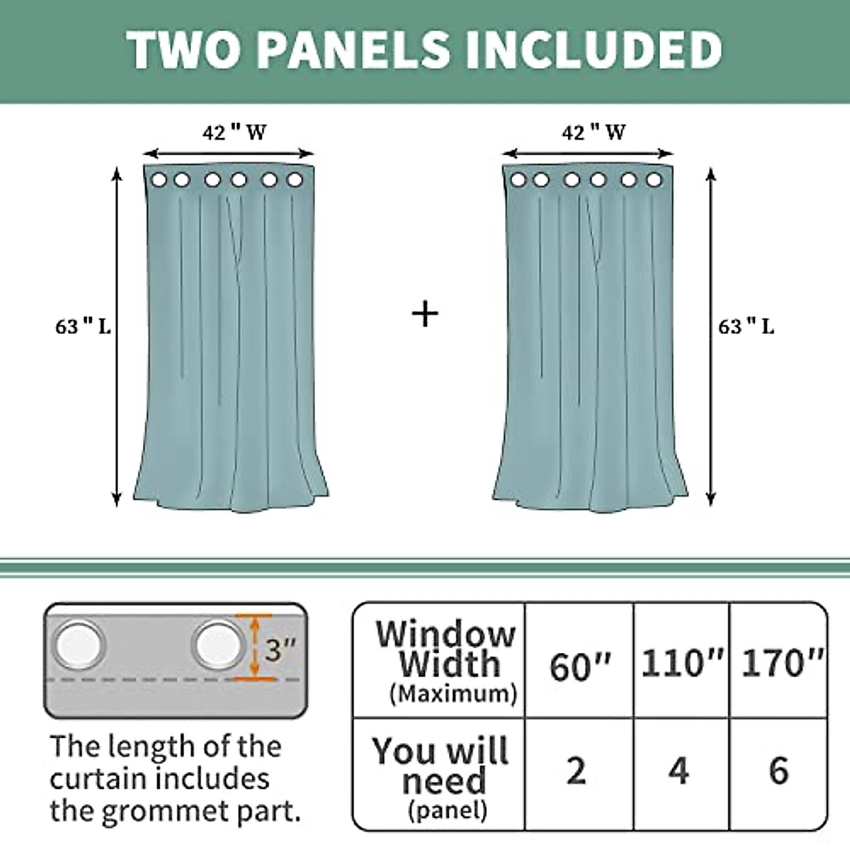 QUEMAS 100% Blackout Curtains for Bedroom 63 inch Length 2 Panels, Full Light Blocking Drapes with Black Liner, Thermal Insulated Grommet Window Curtains for Living Room, Each 42 x 63 Inch, Pure White