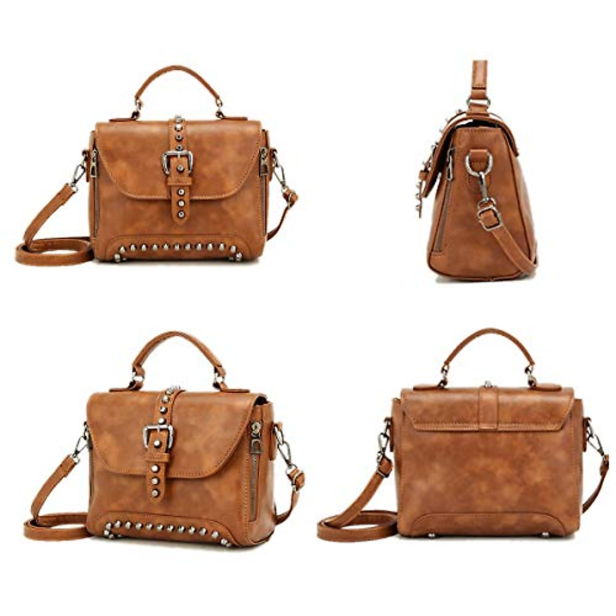 Mn&Sue Women Rivet Studded Crossbody Bag Vintage Top Handle Satchel Motorcycle Style Shoulder Messenger Purse for Lady (#1 Dark Grey)