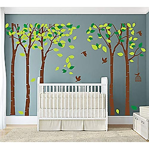 Large Five Family Trees with Birds and Birdcage Jungle Tree Wall Decal Removable Vinyl Sticker Mural Art Baby Girl Nursery Decor Baby Room Decor Kids Room Decor (103.9x70.9) (Brown)