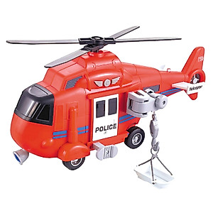 Vokodo Fire Rescue Helicopter 11" With Lights Sounds Push And Go Includes Cargo Basket Durable Kids Firefighter Friction Chopper Toy Pretend Play Airplane Truck Great Gift Children Boys Girls Toddlers