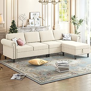Mjkone L Shaped Sofa Couch, 4-Seat Oversized Sectional Sofa for Living Room, Convertible Modular Sofa with Storage Ottoman, Reversible Chaise with Footstool, Furniture Settee with Pouf - Beige