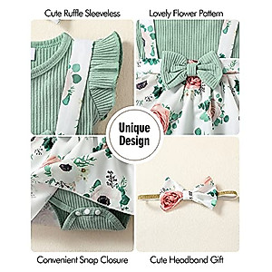 HIGHUZZA Baby Girl Clothes 3-6 Months Newborn Romper Summer Dress Infant Outfits Fly Sleeve Floral Clothing Suspender Headband Overall Skirt Set Green