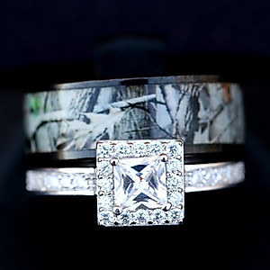 His & Her Black Titanium Camo Sterling Silver Engagement Wedding Ring Set (Size Men 7; Women 7)