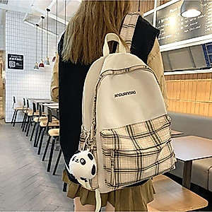 Kawaii Plaid Backpack with 1 Free Cute Panda Pendant for Girls Teens Criss Corss Aesthetic Daypack Satchel (Beige)