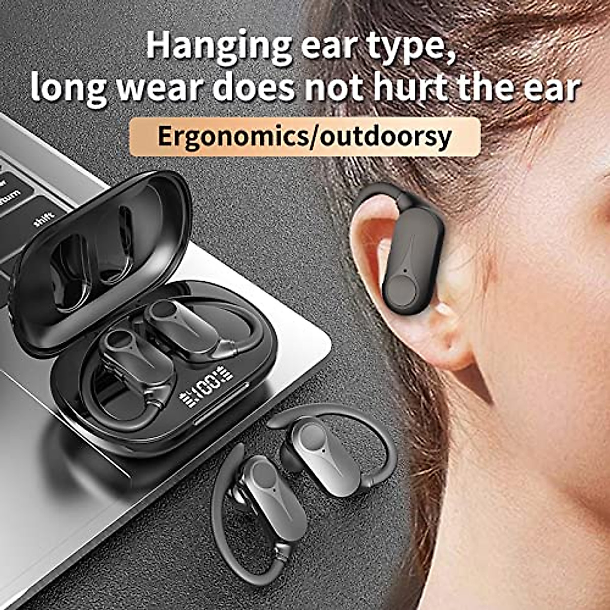 MIANHT Wireless Earbuds Sports Bluetooth 5.3 - Bluetooth Headphones Earhook Noise Cancelling, Waterproof Workout Earphones, HiFi Sound Quality, for Running, Gym