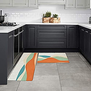 2 Pieces Kitchen Rugs Set Mid Century Modern Boho Orange Geometric Area Rug,Absorbent Bath Mats Soft Doormat Anti Fatigue Floor Mat Minimalist Retro Abstract Art,Non-Slip Cushion Standing Mats