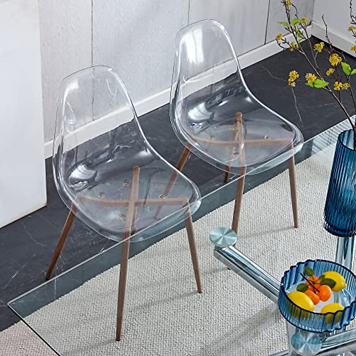 Gxcevsou Dining Chairs Set of 4, Modern Plastic Transparent Crystal Ghost Seat, Nordic Creative Makeup Stool Negotiation Chair for Dining Room Living Room Bedroom - Walnut Wood Color Metal Leg