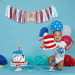 Dr. Seuss Inspired Birthday Banner - High Chair Banner Photo Props, 1st Birthday High Chair Banner, I Am 1, Turquoise Blue Red Dot Cat in Hat Dr Seuss Inspired Chevron Ribbon Lace Themed Party Decor High Feet Chair, Dr. Seuss Cat in Hat, Garland/banner Ph
