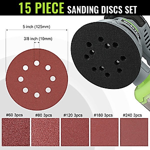 WORKPRO 5-Inch Random Orbit Sander, 6 Variable Speeds 7000 to 14000 RPM, 2.5 Amp Electric Sander for Woodworking with Dust Collector, 15pcs Sandpapers