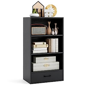 Giantex 4 Tier Bookcase with Drawer, 42.5" Tall Floor Standing Organizer Display Storage Shelves with Anti-toppling Device, Wood Open Shelf Bookshelf for Kids Room, Living Room, Study, Black