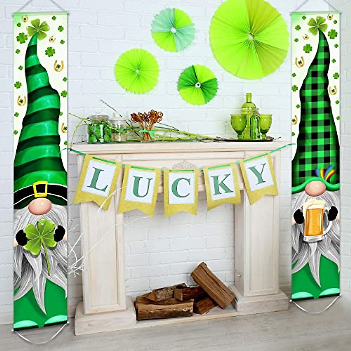 2 Pieces St. Patrick's Day Banner Decorations Green Irish Gnome Welcome Banners Irish Shamrock Gnomes Porch Signs for St. Patrick's Day Party Home Decorations Party Supplies (Gnome)