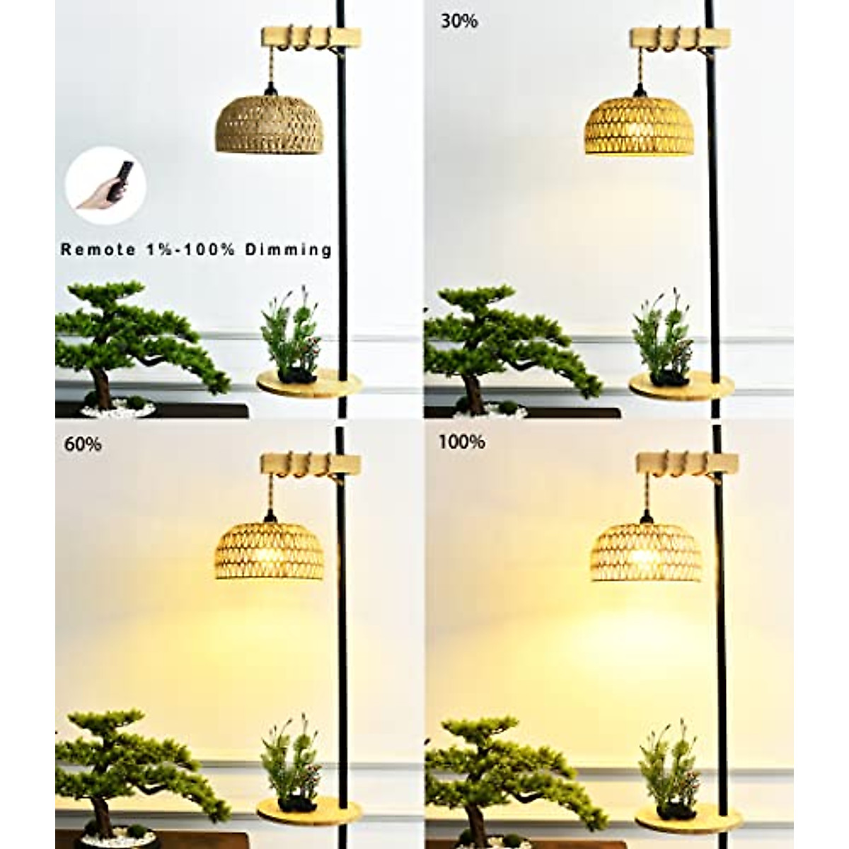 QIYIZM Floor Lamp with Table and Shelves for Living Room Bedroom Rattan Shelf Floor Lamps with Remote Boho Dimmable Standing Lamp Wicker Bamboo Wood Farmhouse Black Tall Lamp Rustic Floor Light