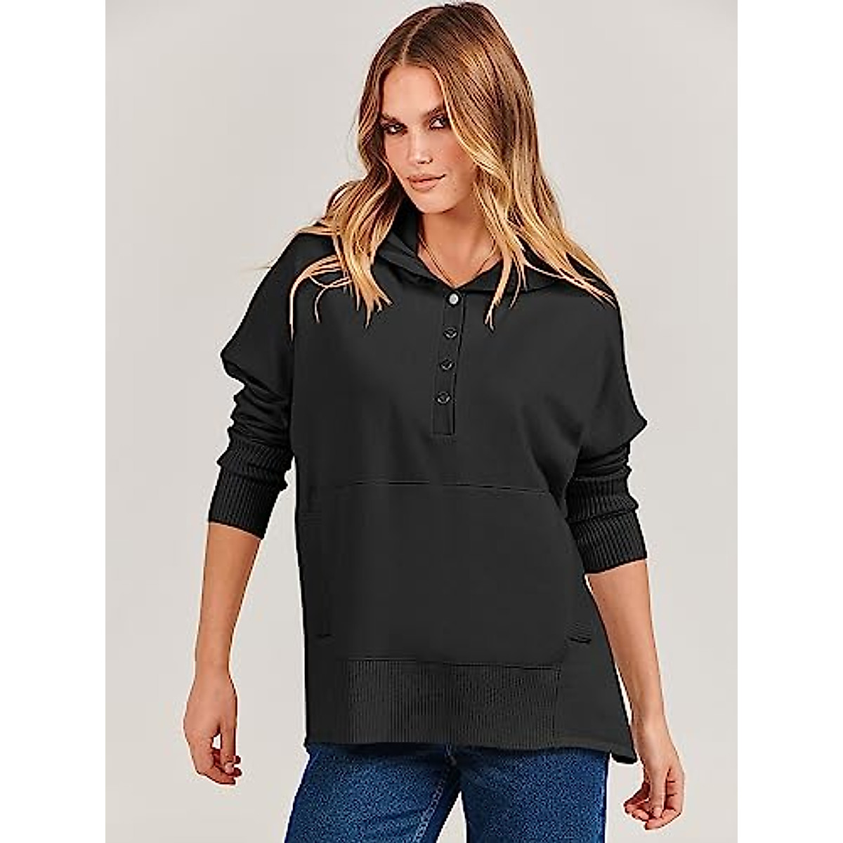 ANRABESS Women Casual Henley Hoodies Oversized Sweatshirt Ribbed Knit Long Sleeve Shirts Buttons V Neck Loose Baggy Sweater Hooded Pullover Fashion 2023 Fall Clothes 1064heise-S Black
