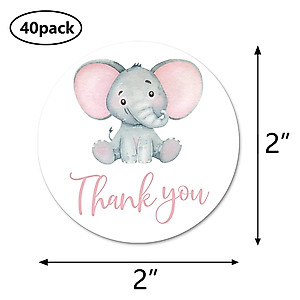 Pink Elephant Thank You Stickers, 40 2 Inch Girl Baby Shower Or Birthday Favor Labels