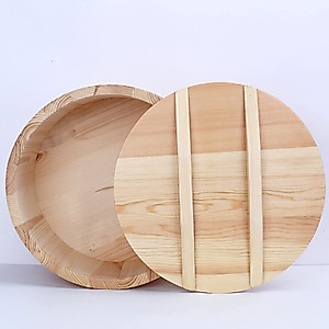 AIZYR Wooden Sushi Rice Bowl with Lid and Rice Scoop, Japanese Hangiri Sushi Oke Rice Mixing Tub for Sushi Restaurant Home Use,24cm