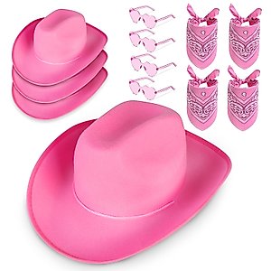 ZIYIME 4 Pcs Pink Cowgirl Hat for Women, Pink Cowboy Hat, Cowgirl Hat with 4 Hats 4 Bandanas 4 Pairs Glasses for Bachelorette Parties Cosplay Party