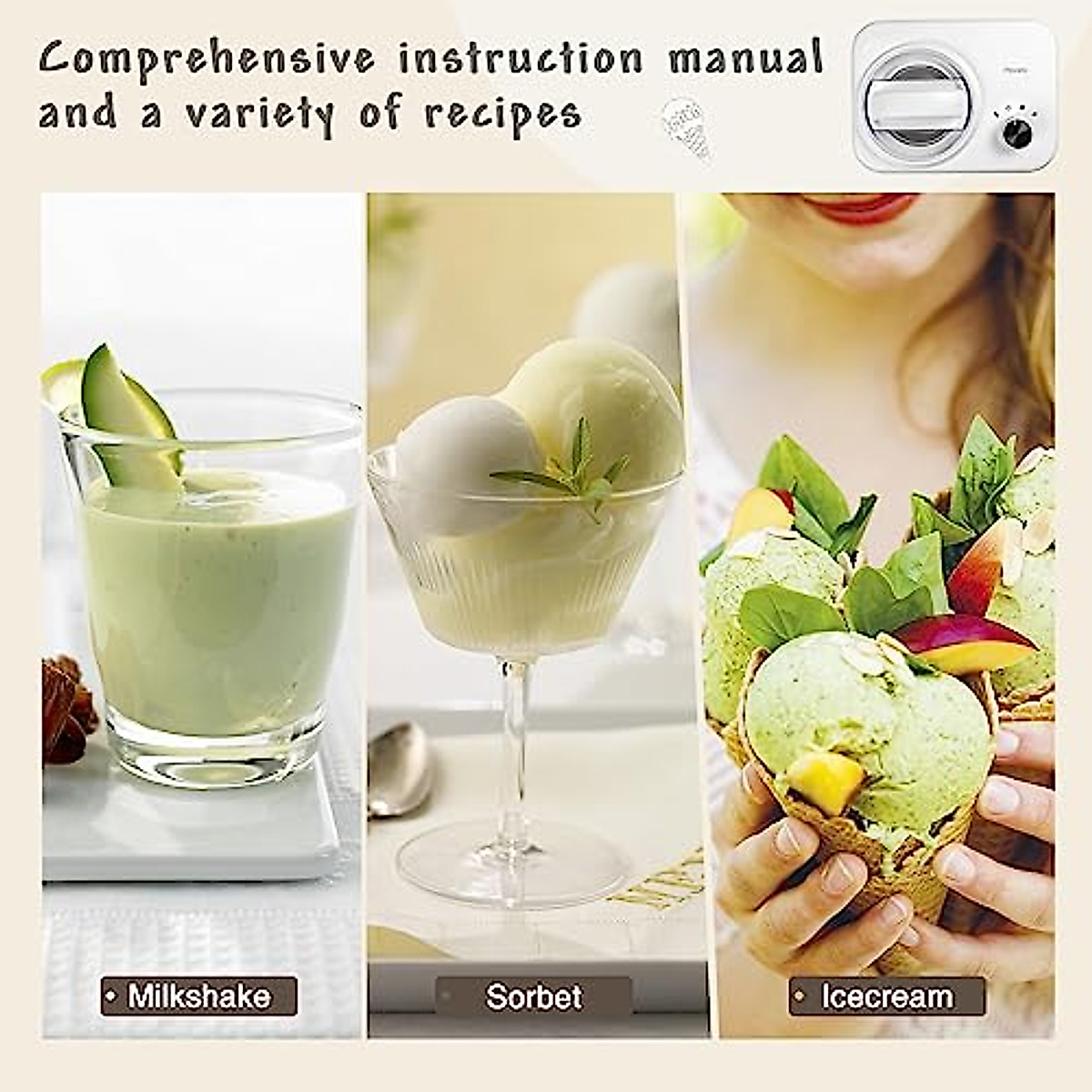 HAVATO 1.0QUART compact Ice Cream Maker with Compressor,No pre-freezing,3 Modes,sorbet machine,Homemade Sorbet/Gelato/milkshake for family of 4-5,recipe included,White