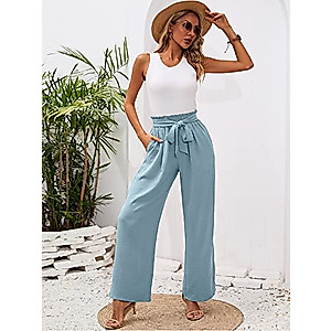 Heymoments Women's Wide Leg Lounge Pants with Pockets Blue Gray Medium Lightweight High Waisted Adjustable Tie Knot Loose Comfy Casual Trousers