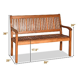Tangkula Outdoor Wood Bench, Two Person Solid Wood Garden Bench w/Curved Backrest and Wide Armrest, Large Bench for Patio Porch Poolside Balcony, 50" L x 25" W x 36" H (Natural)