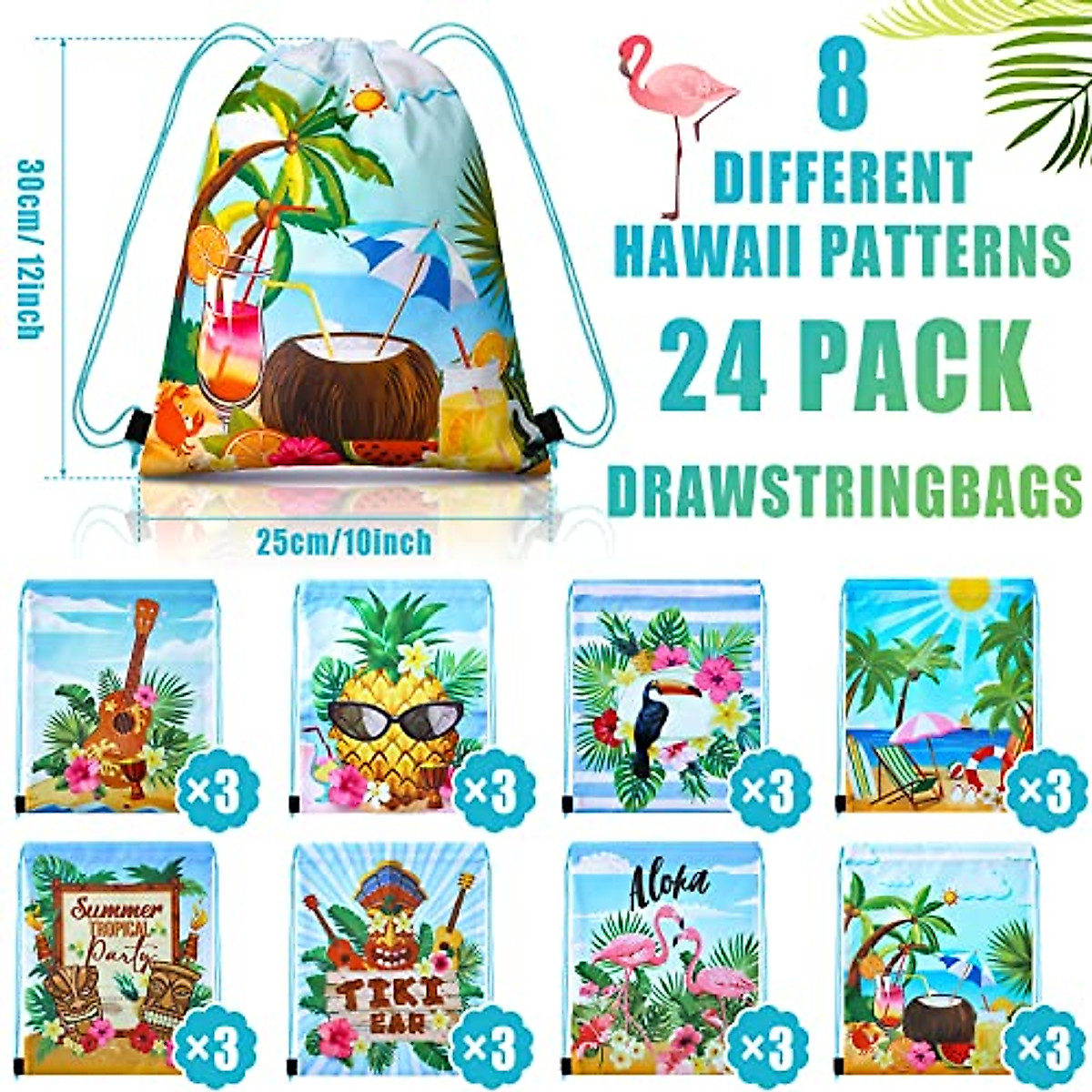 24 Pcs Hawaiian Party Favor Bags Hawaii Themed Aloha Drawstring Bags Tropical Goodie Bags Flamingo Gift Bag for Birthday, Bridal Shower, Events, Summer, Beach, Pool Backpack, 12 x 10 Inch