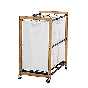 TRINITY 3-Bag Bamboo Laundry Cart, Laundry-Room Organization and Dirty Clothes Hamper with Wheels for Bedroom, Closet, Dorm Room and More, Bronze Poles