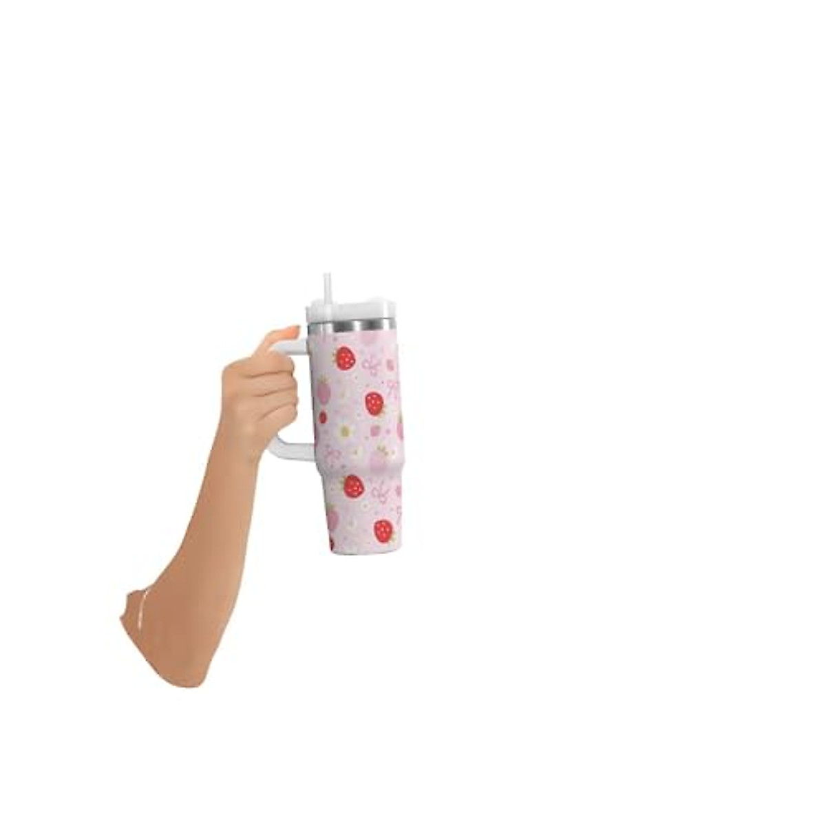 YNNALE 30 oz Tumbler with Straw & Handle - 2 in 1 Lids Leak Proof Tumblers - Large Insulated Stainless Steel Cup - BPA-Free Water Bottle Travel Metal Mug for Women Man,Bow Floral Cute Pink Strawberry