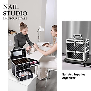 Frenessa Nail Polish Makeup Train Case with Drawer and Dividers Manicure Organizer Accessory Storage Makeup Box With Mirror Lockable Keys Nail Kit Organizer Cosmetic Case Jewelry Box - Black