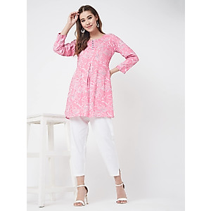 Tissu Women's Baby Pink & White Printed Tunic (Pink_3XL)