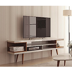 Manhattan Comfort Utopia Collection Mid Century Modern TV Stand With Open 3 Open Shelves and Two Open Cubbies, White/Wood