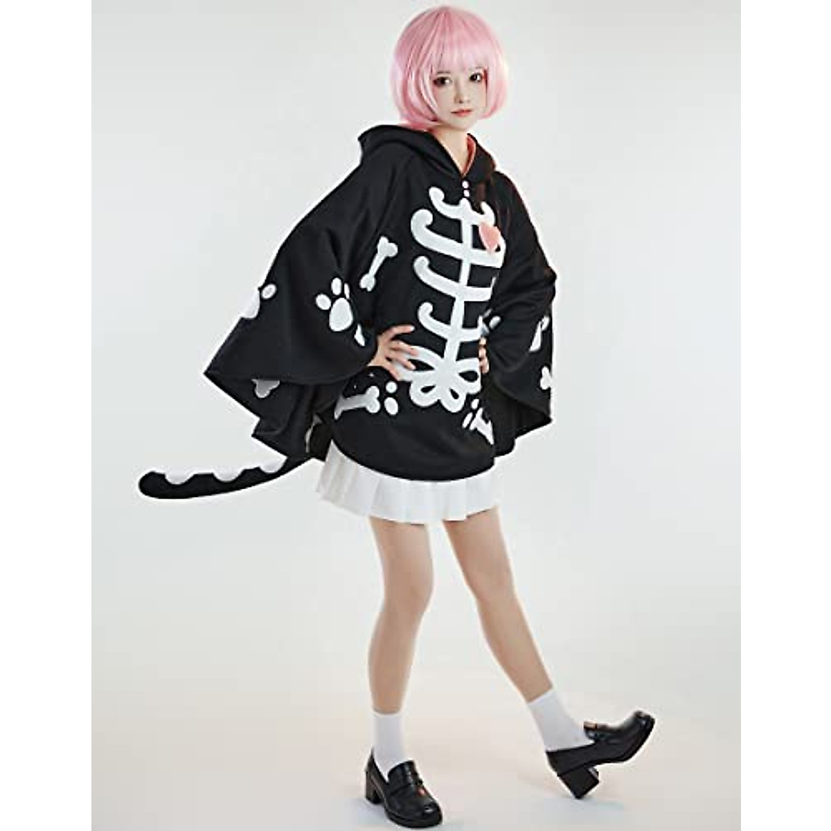 haikyuu Women Halloween Skeleton Cat Cape Skull Cosplay Cloak With Tail Onesie Kigurumi Fleece Hooded Poncho Cosplay Party Comic Con (large)