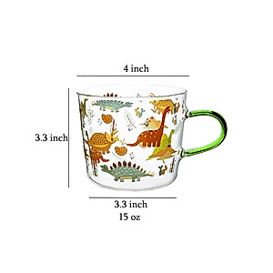 Sizikato Borosilicate Glass Breakfast Cup with Handle, 15 Oz Cereal Bowl Milk Mug, Dinosaur and Plant Pattern