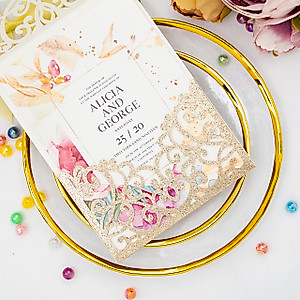 Builcker 20PCS Set Laser Cutting Gold Glitter Invitation Card Greeting Card Graduation Party Wedding Birthday Party Hollow Invitations Flip Invitation Pocket With Envelope (Gold Glitter)