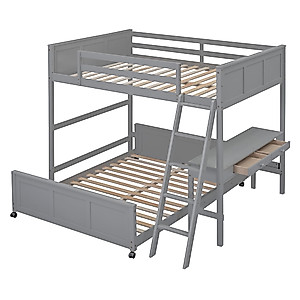 Full Over Full Loft Bed with Desk and Storage Drawers, Wood Bunk Loft Bunk Bed for Kids, Can Be Separated into A Full Size Platform Bed Frame and A Loft Bed for Girls Boys Teens, Gray