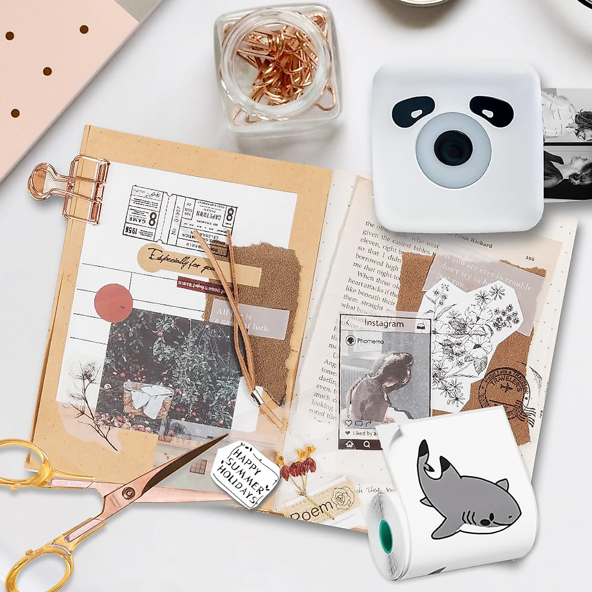 Greateam 57x30mm Thermal Sticker Paper Rolls Mini Printer Stickers for Study Notes Pictures and DIY, 6 Rolls Mini Inkless Thermal Printer Sticker Paper, Black on White