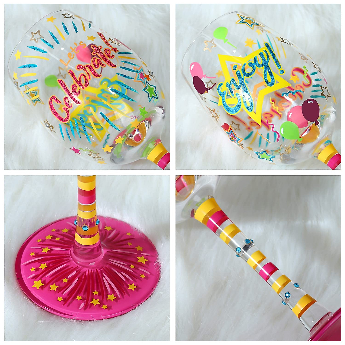 NymphFable Hand Painted Birthday Wine Glass Let‘s Celebrate Birthday Party Decorative Wine Glasses Birthday Gift for Women, 15oz