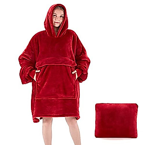 Touchat Wearable Blanket Hoodie, Oversized Sherpa Blanket Sweatshirt with Hood Pocket and Sleeves, Super Soft Warm Comfy Plush Hooded Blanket for Adult Women Men, One Size Fits All (Wine)