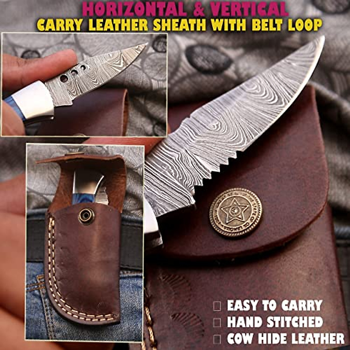 Handmade Damascus pocket knife for men with leather sheath | 2 Pcs Tactical Folding Pocket knife Set with Back Lock | Best Edc Bushcraft knifes for Fishing, Camping, Hiking | Damascus steel Blade Foldable hunting Belt knife with Horizontal Carry sheath |